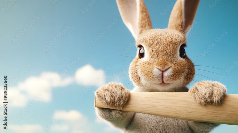 Rabbit playing cricket, swinging the bat for a big hit, intense and ...