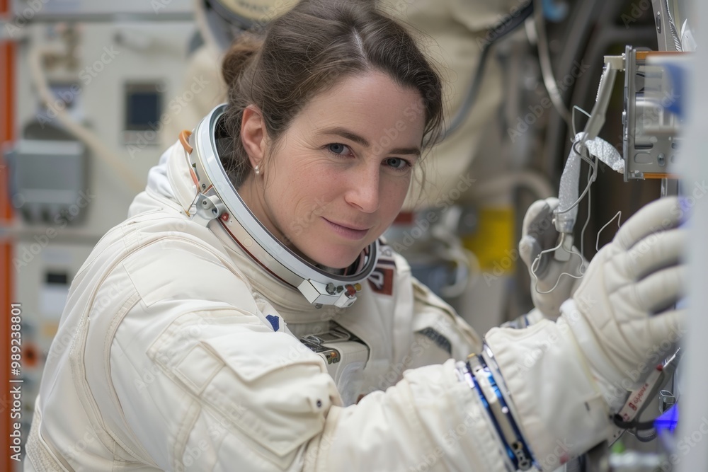 Female astronaut in a space lab, smiling confidently while operating ...