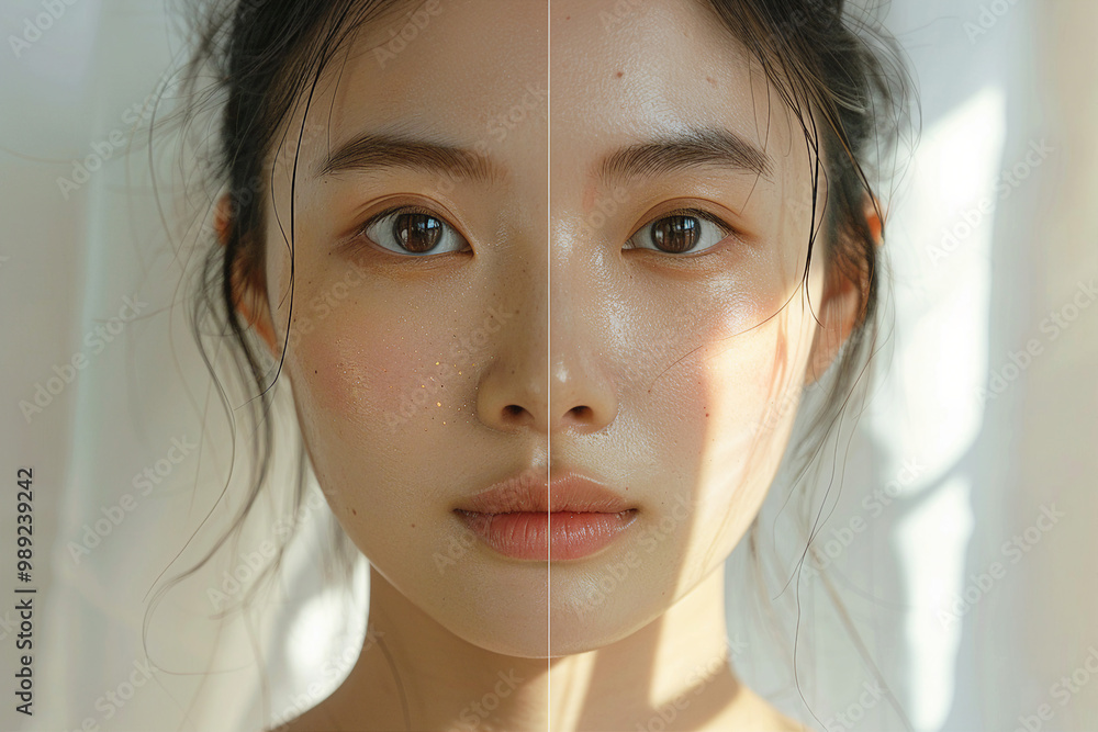 Generative with ai image features a chinese woman face split into two ...