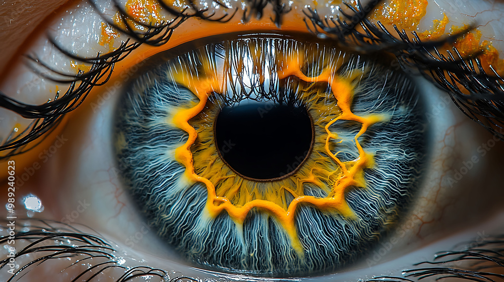 Abstract closeup of a human eye where the iris is a detailed 2D map of ...