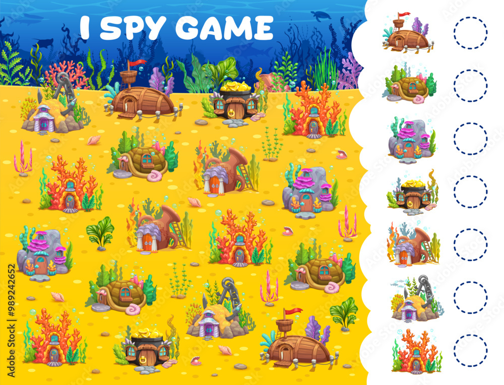 I spy game worksheet, underwater cartoon houses on sea bottom puzzle quiz. Kids education ...