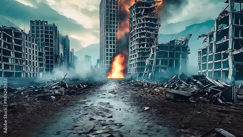 Abandoned cityscape with destroyed buildings and fiery explosion ...