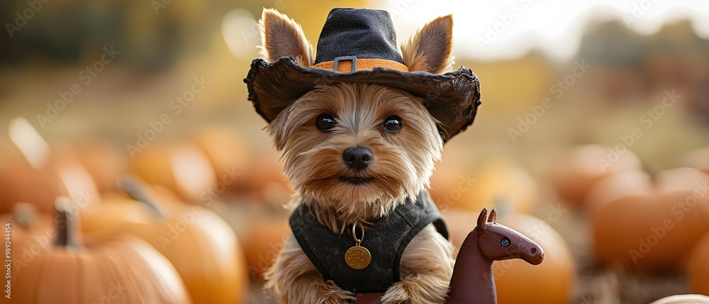 Adorable Yorkshire Terrier dog dressed up in a cowboy outfit complete ...