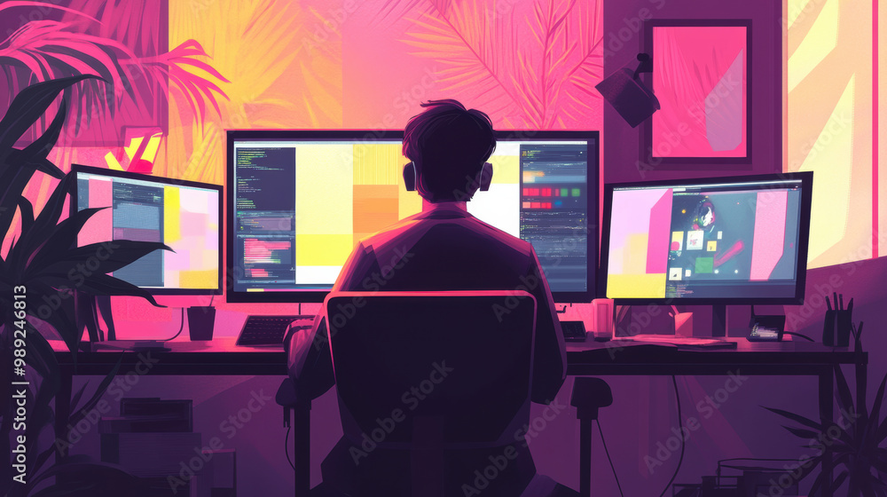 graphic designer working with multiple monitors, utilizing AI tools to ...