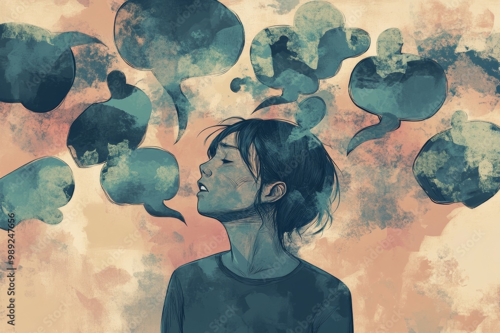 person struggling with slurred speech, depicted through a thought ...