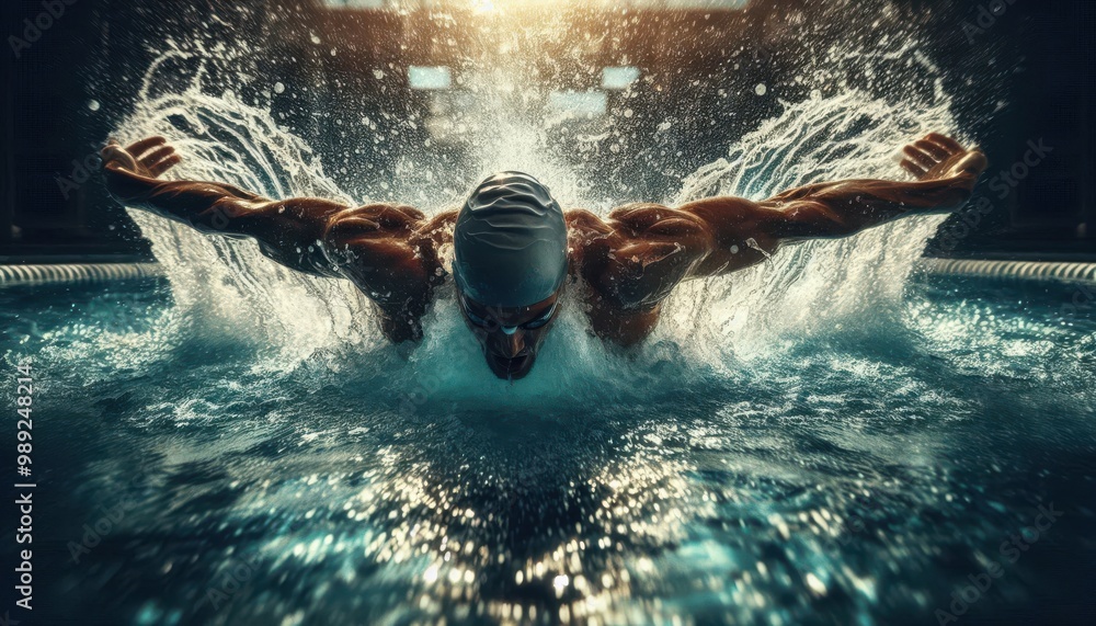 Muscular swimmer performing a powerful butterfly stroke, water ...
