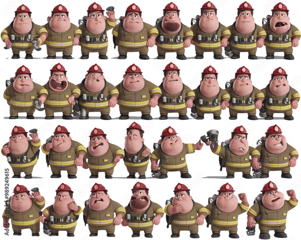 Transparent PNG of a 3D fireman character sheet with multiple poses ...