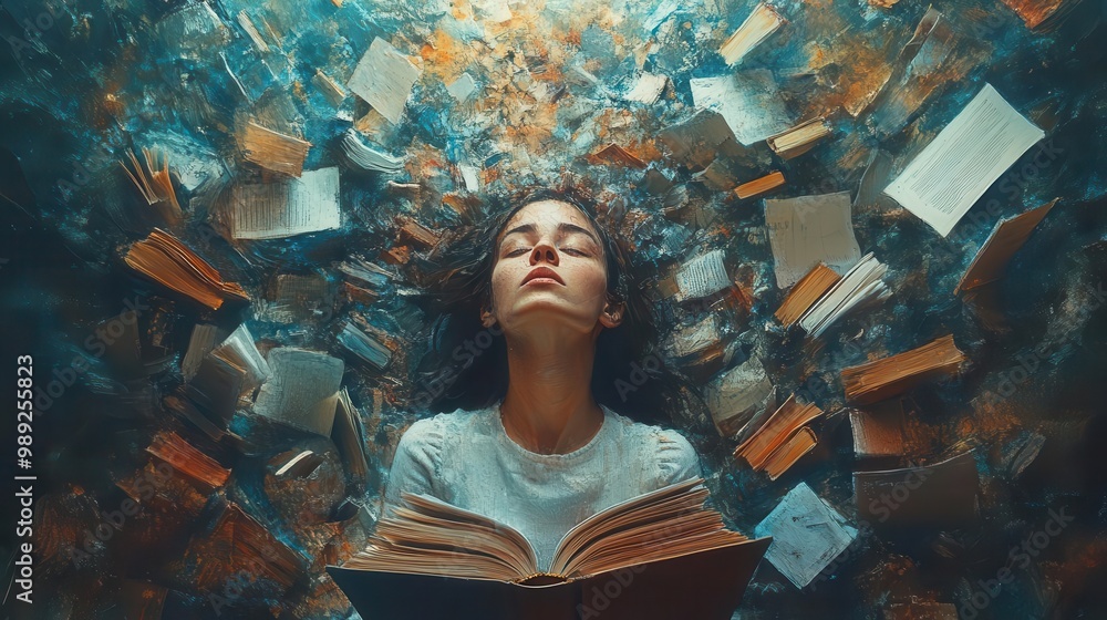 surreal collage depicting overwhelmed woman balancing books papers and ...