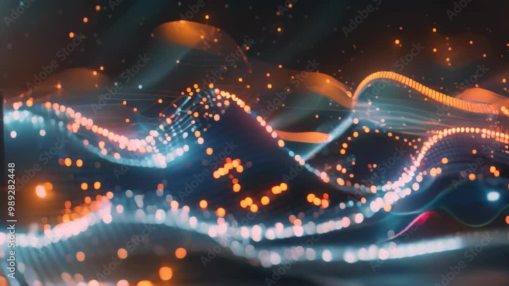 A digital representation of sound waves and data, rendered as a glowing ...