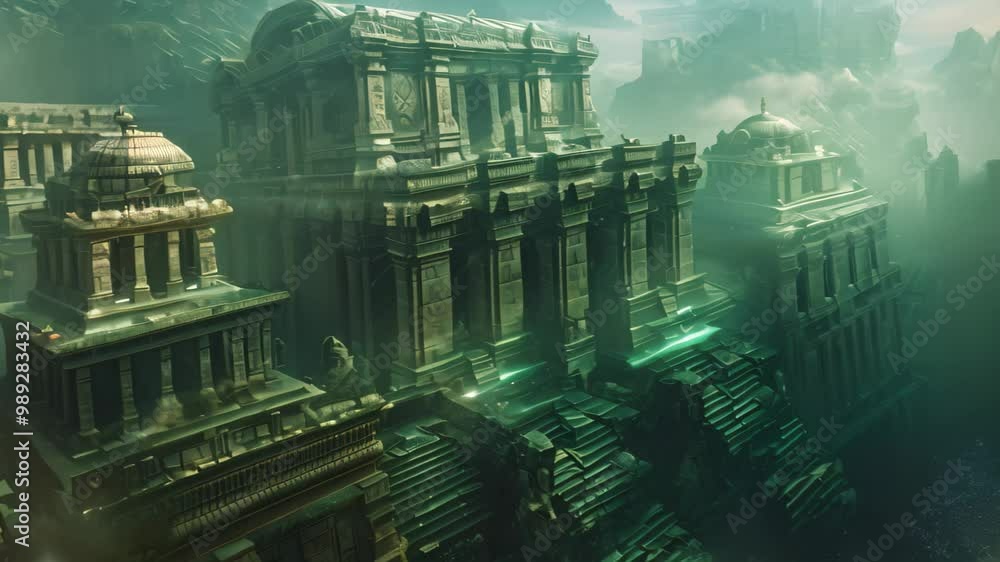 An ancient temple complex, seemingly submerged underwater, is depicted ...