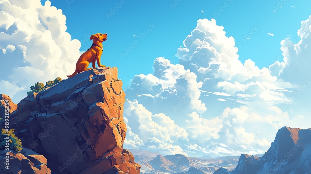 Cartoon dog rock climbing on a steep cliff, adventurous and energetic ...