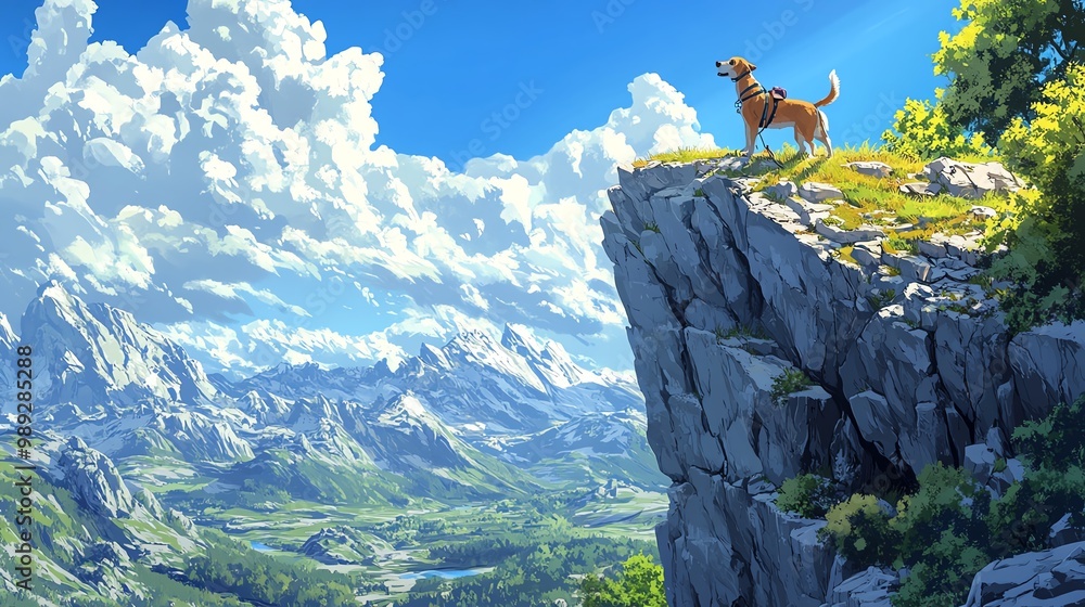 Cartoon dog rock climbing on a steep cliff, adventurous and energetic ...