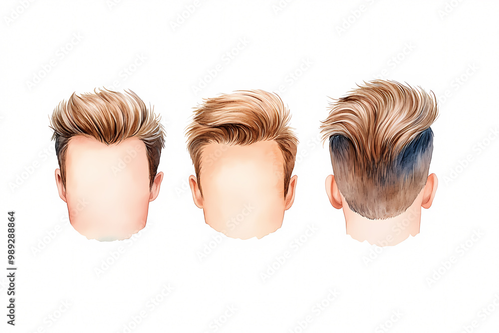 Three different hairstyles of a man's head. The first is a short, light ...