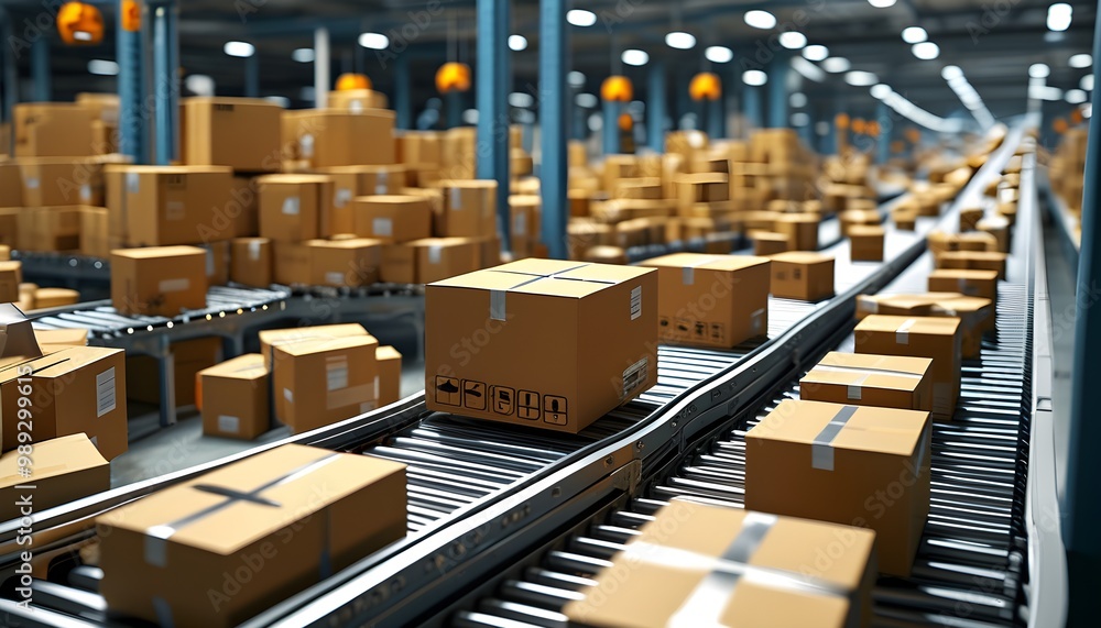 efficient delivery through busy warehouse as cardboard boxes glide ...