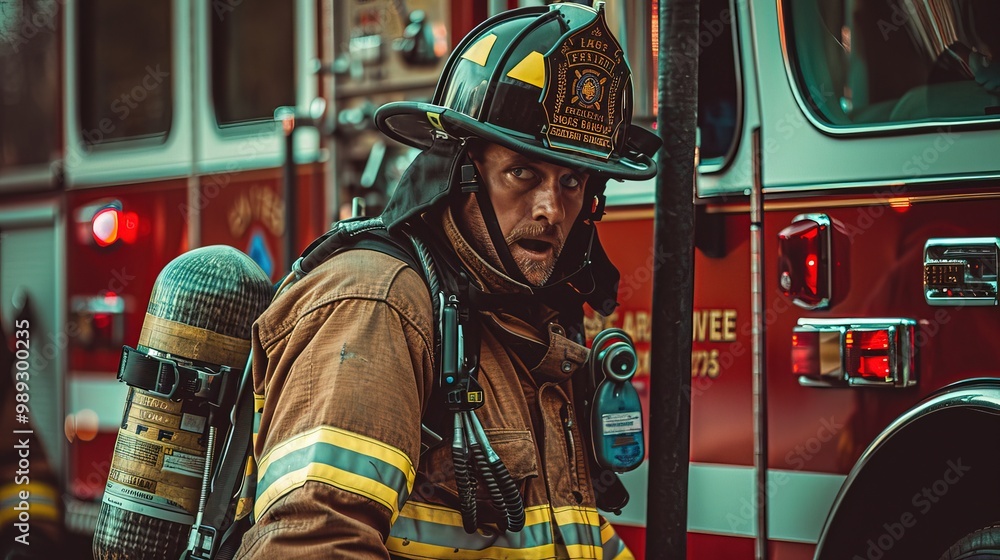 Firefighter in full gear slides down fire station pole, ready for ...