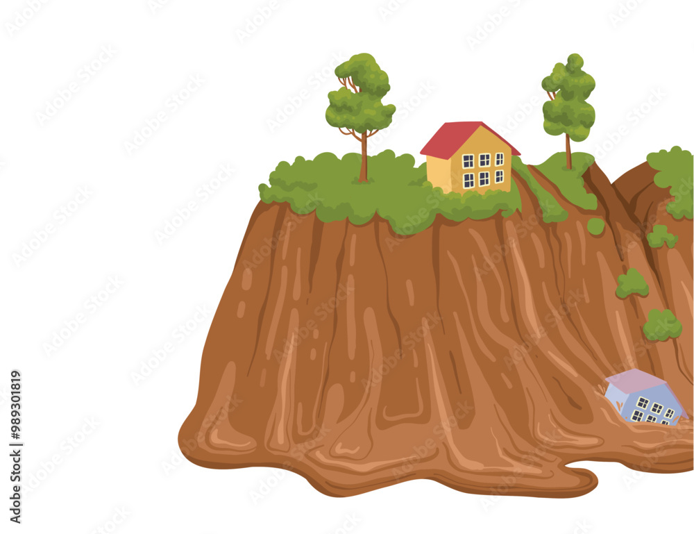 Cartoon mudflow, natural disaster. Landslide, mud stream with stones ...
