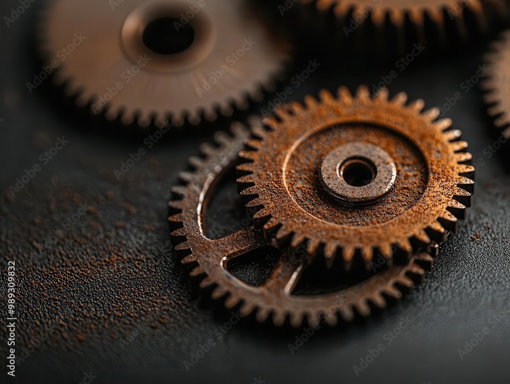 Rusty gears and cogs covered in dust inside a crumbling factory ...