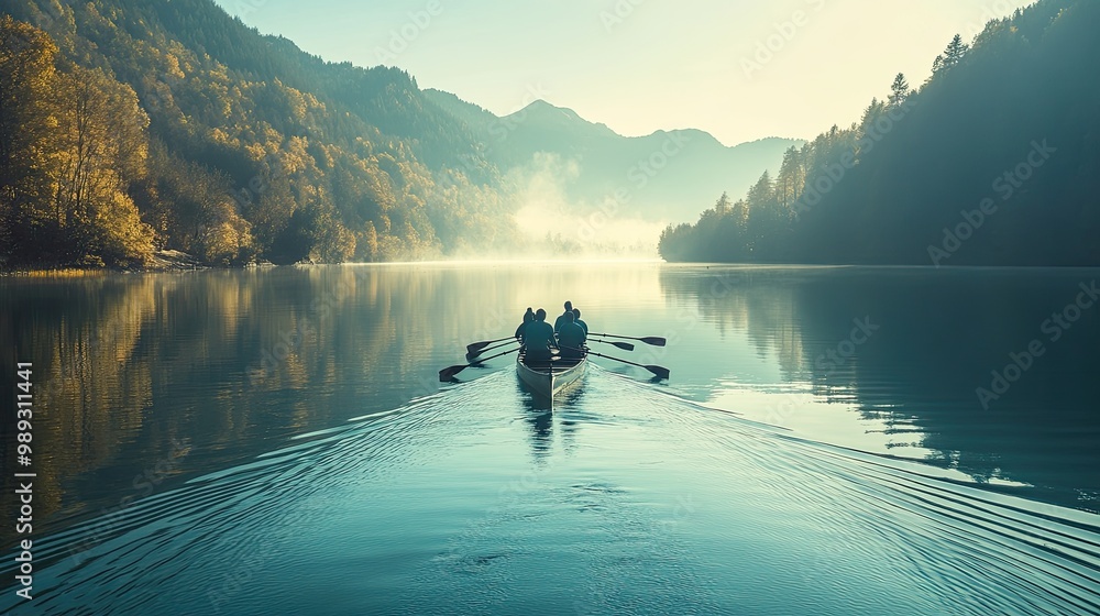 Rowing team paddling in perfect unison on a calm lake, with ample room ...