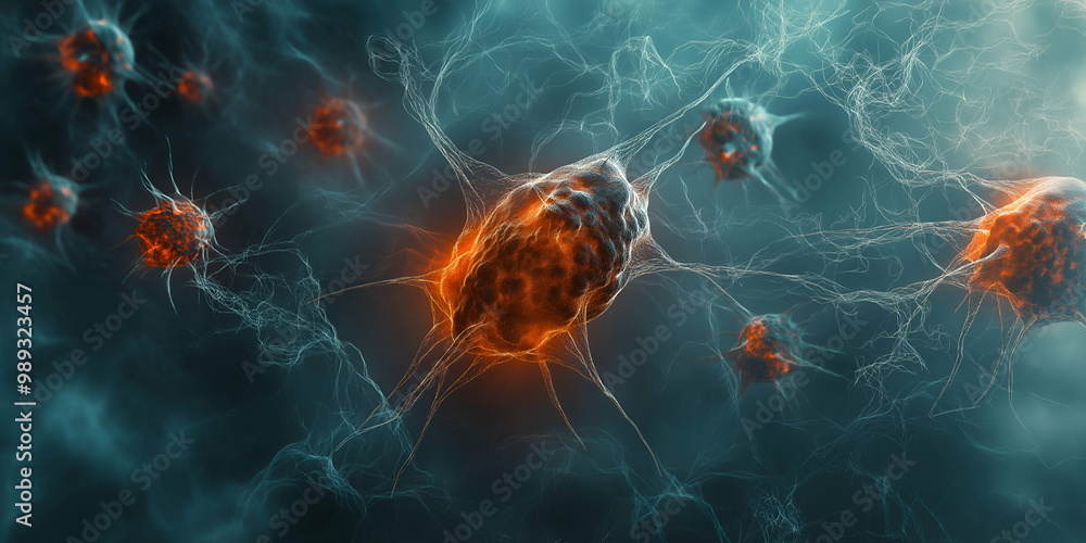 highly detailed image of a cancer cell dividing and spreading, close-up ...