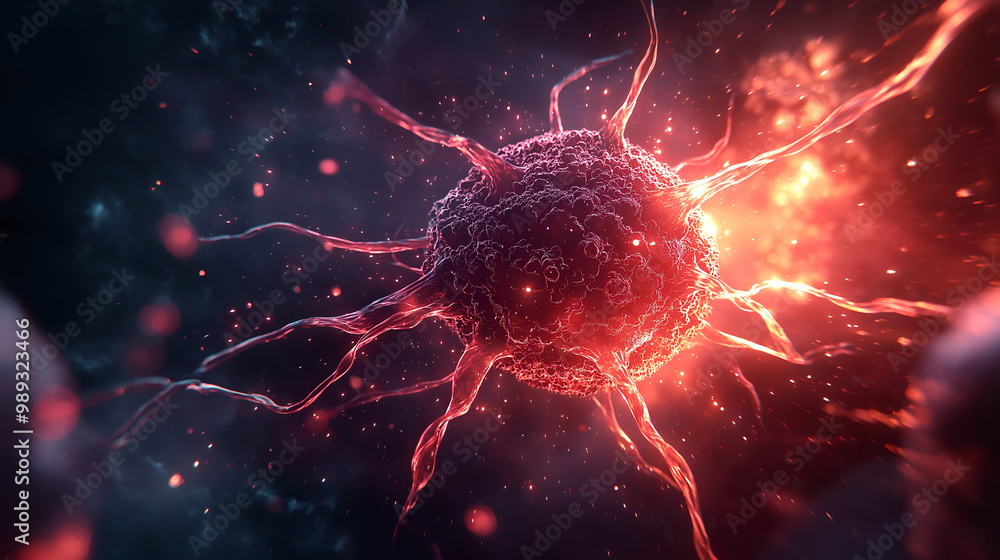 highly detailed image of a cancer cell actively spreading in a dark ...