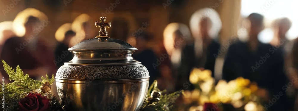 Urn funeral burial death service ceremony flower cemetery family people ...