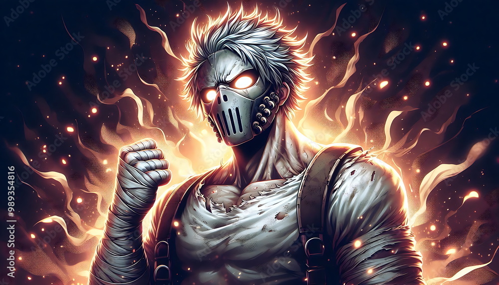 Powerful Anime Character Wearing a Ghost Mask with Fire and Thunder ...