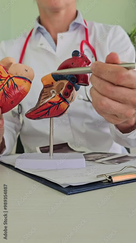 Cardiologist shows anatomy of heart in cardiology clinic. Treatment of ...