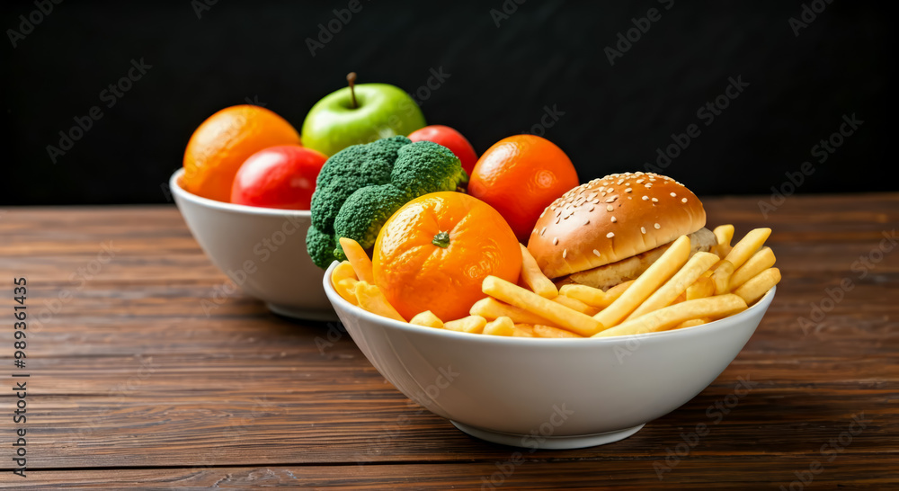 healthy food vs fast food on hand, food choose Stock Photo | Adobe Stock
