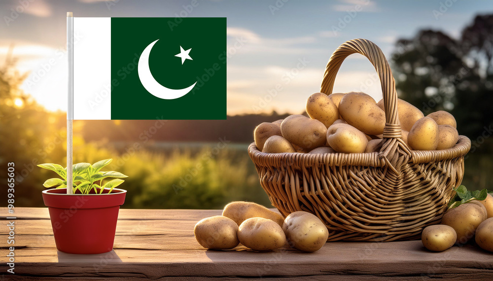 Flag of Pakistan on potted potato seedling,and wicker basket full of ...
