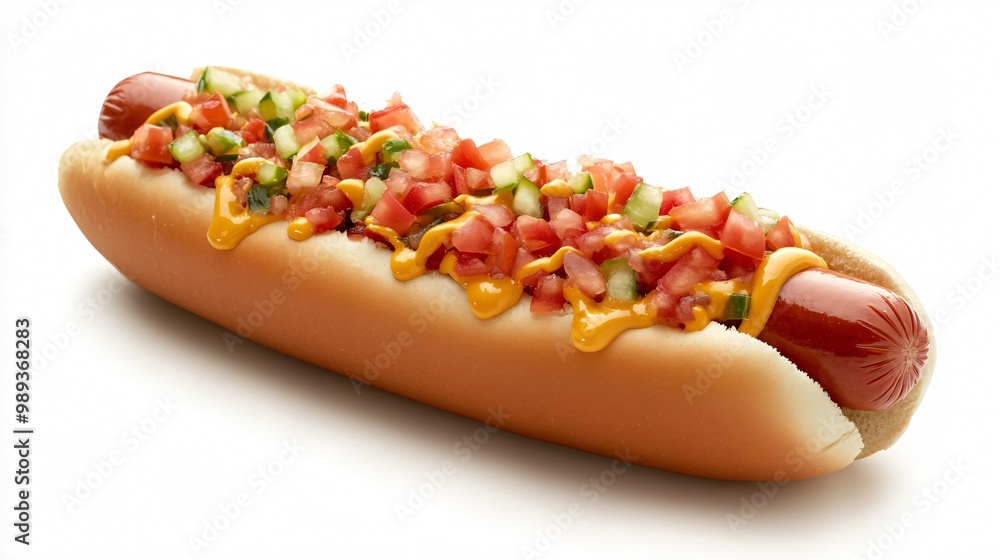A footlong hot dog with melted cheese and diced tomatoes, isolated on a ...