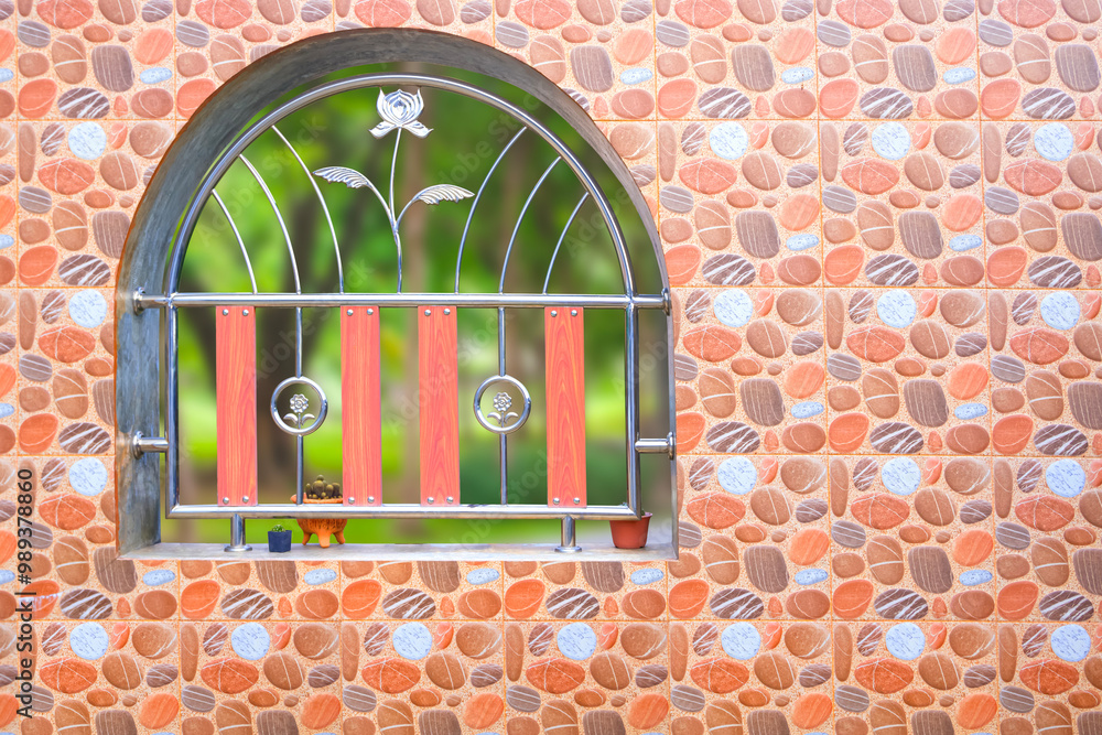 Beige tile fence wall background with pebble stone pattern and ...