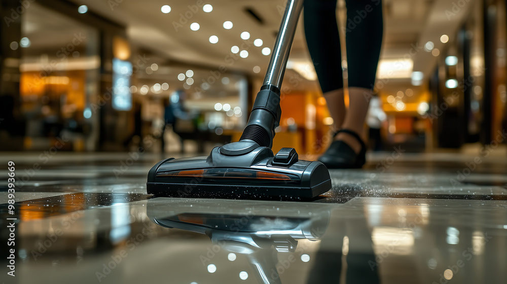 Cleaning staff using a vacuum cleaner in a busy hotel lobby. A staff ...