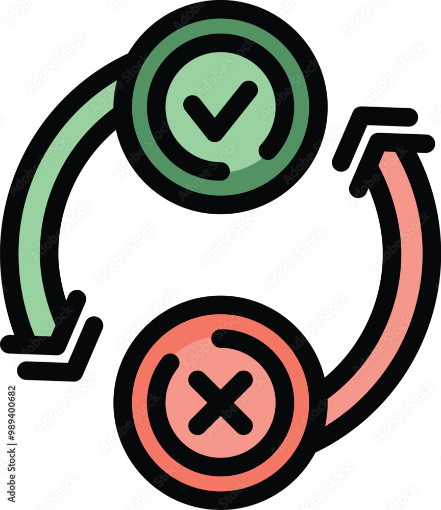 Circular arrows connecting checkmark and cross symbols representing a ...