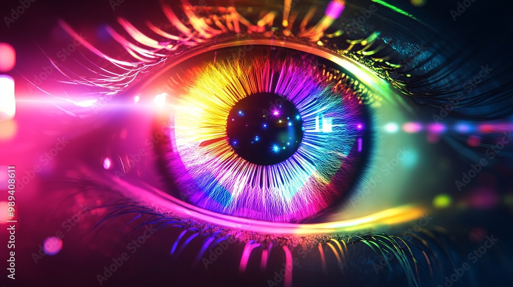 An animated concept of a human multicolored iris, where rainbow lines ...