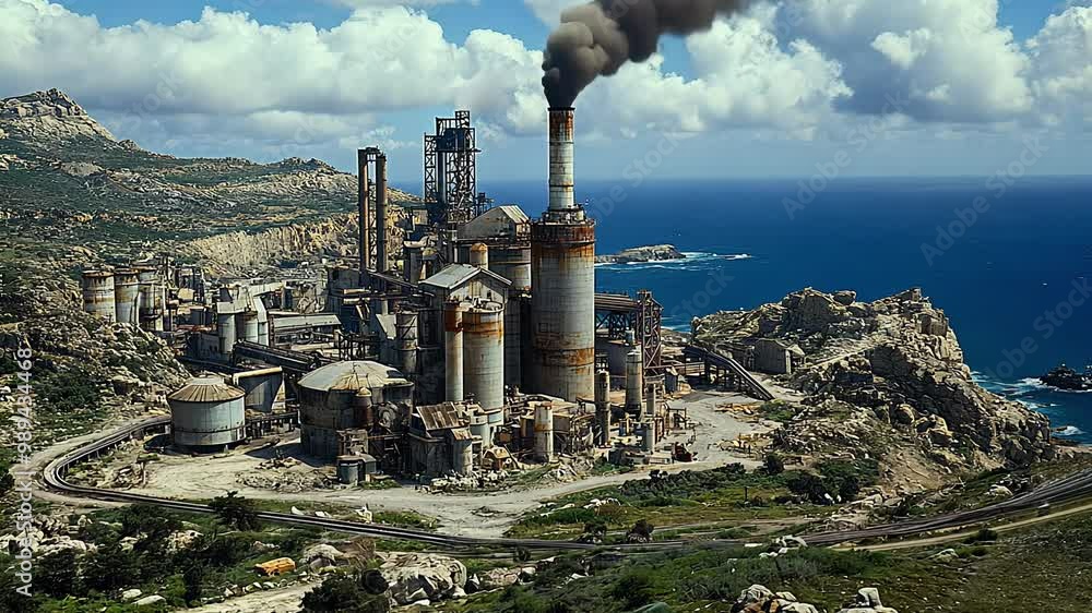 A large industrial facility functions near beautiful coastal cliffs ...