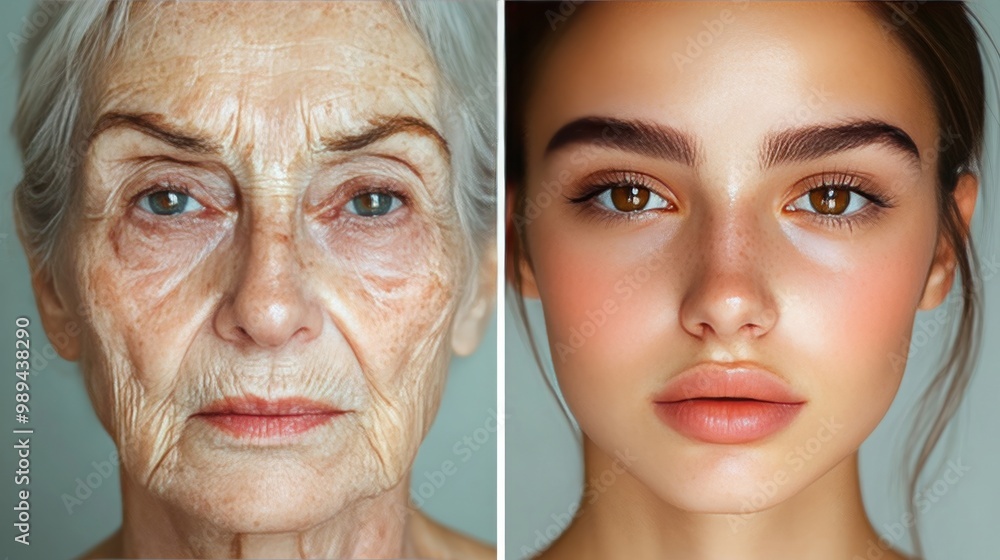 A detailed split-screen side-by-side photo of an elderly woman with ...