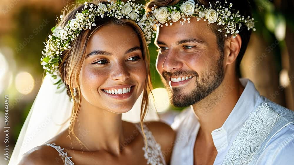 A joyful couple stands together, wearing beautiful wedding attire and ...