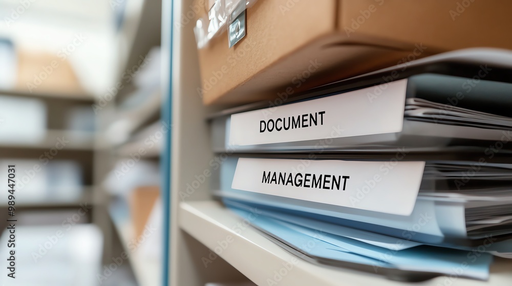 Office file folders on a shelf labeled document management, representing organized paperwork and ...