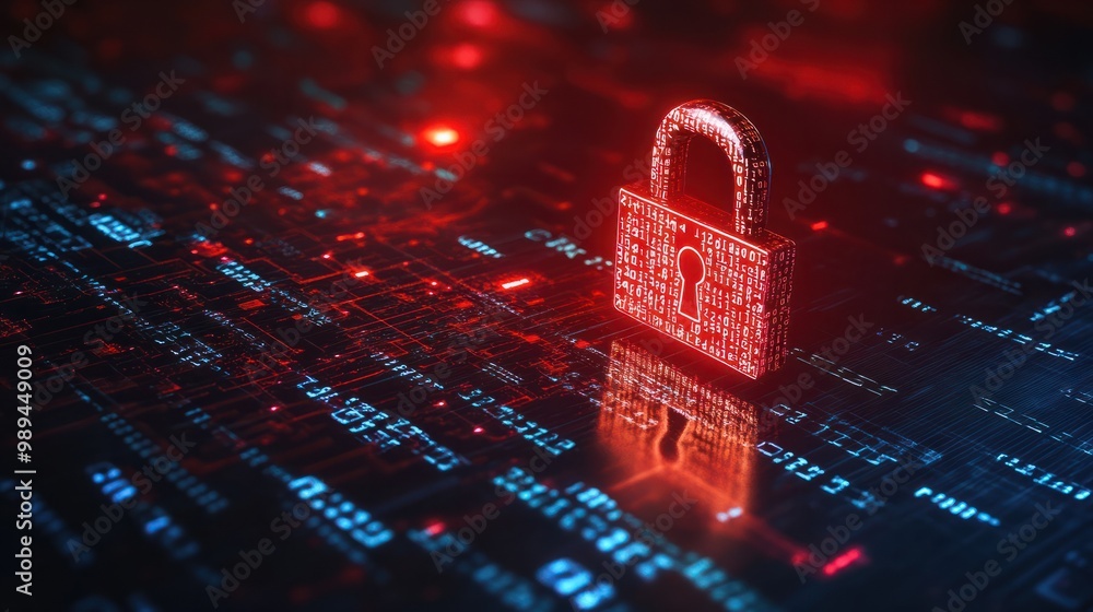 Abstract cybersecurity red alert warning padlock symbol with binary ...