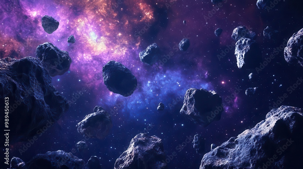 hyperrealistic space scene of dense asteroid field individual rocks ...