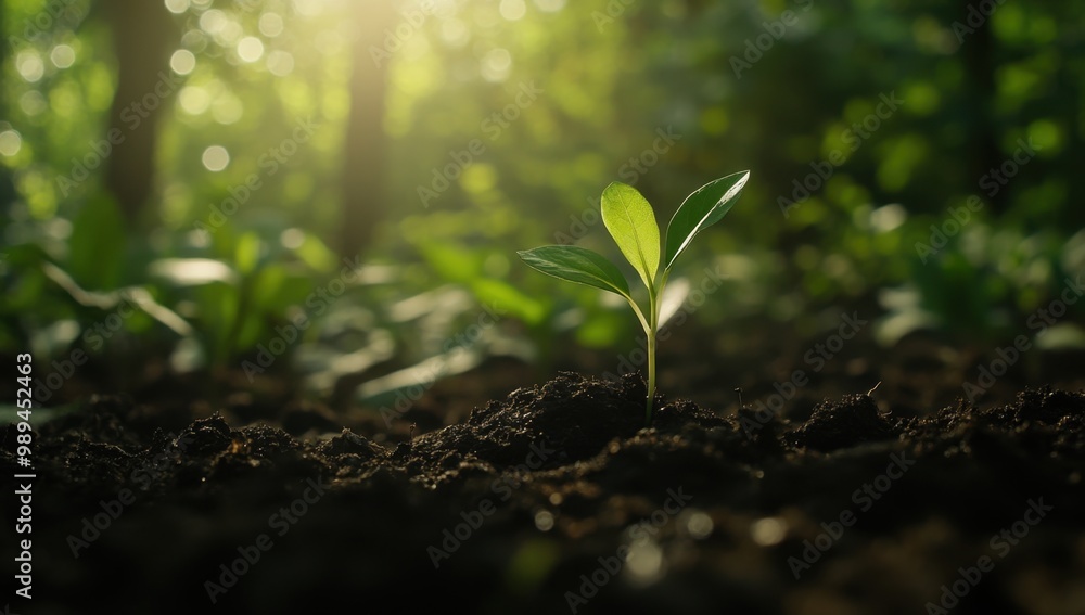 A single sprout emerging from the dark soil, illuminated by soft ...