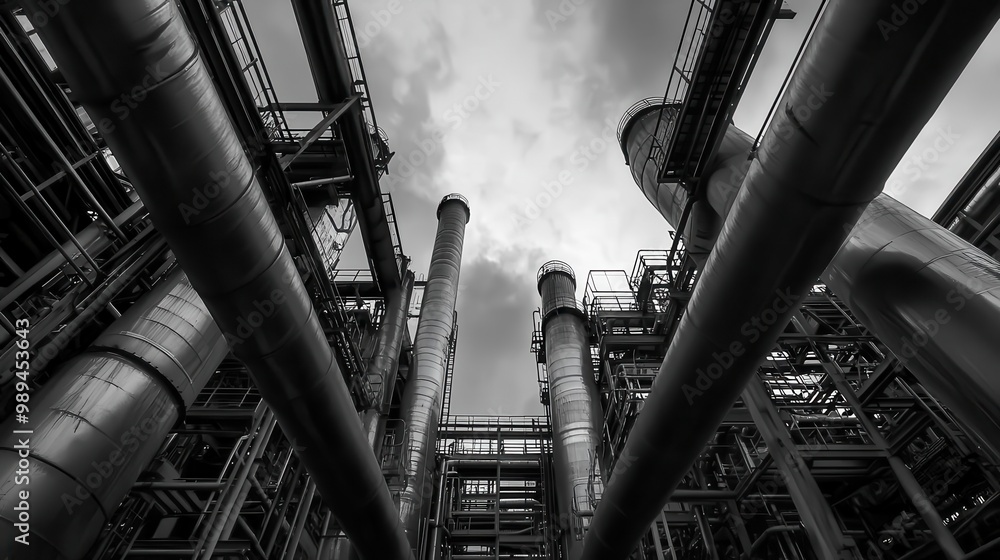industrial landscape of intricate pipelines and pipe racks in a ...