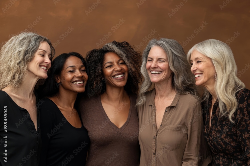 Six women of different ages and body types smiling and laughing over ...