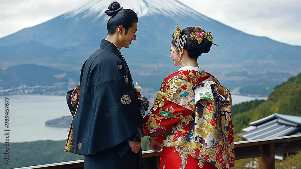 A couple dressed in exquisite traditional kimonos enjoys the ...