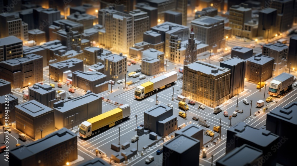 A detailed miniature city model, illuminated warmly, showcases bustling ...