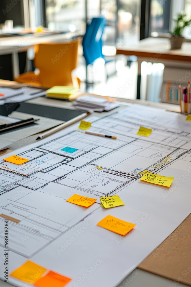 Blueprints with sticky notes and bookmarks for important sections Stock ...