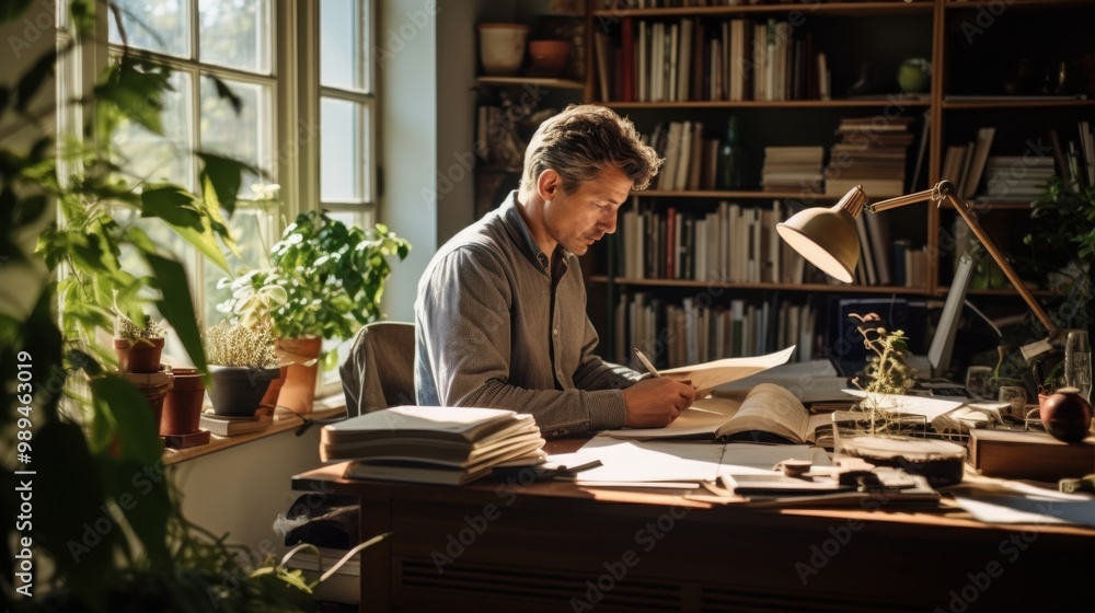 A studious man leans over a desk covered in papers and books ...