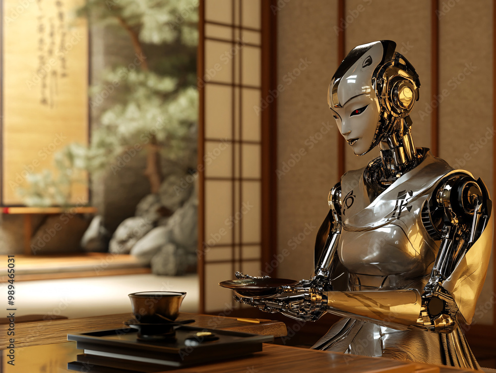 Android geisha in traditional Japanese kimono performing tea ceremony ...