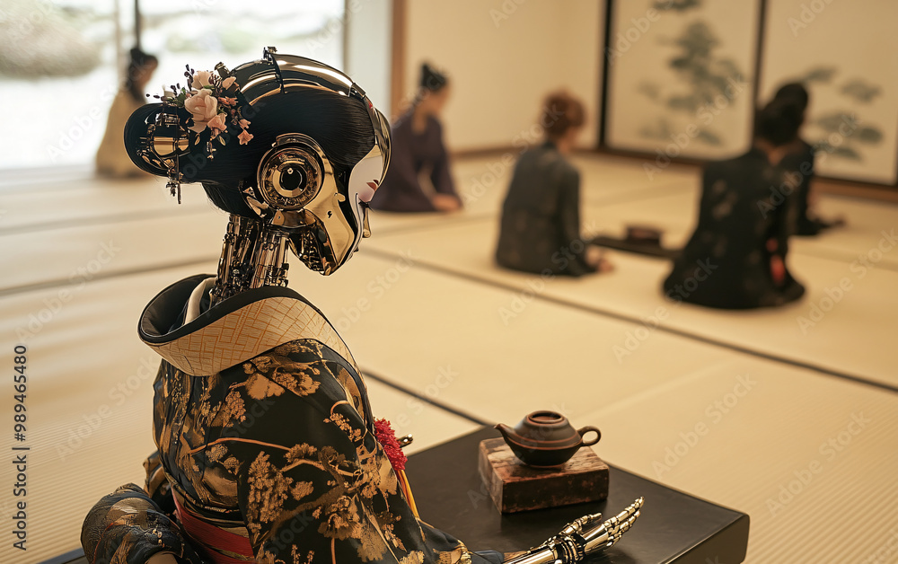 Android geisha in traditional Japanese kimono performing tea ceremony ...