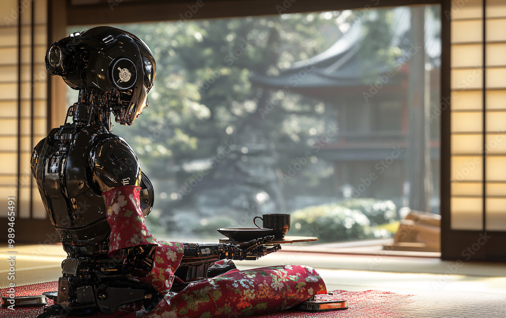 Android geisha in traditional Japanese kimono performing tea ceremony ...